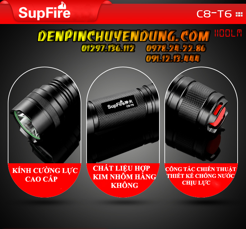 Đèn pin ánh sáng vàng công xuất cao SupFire C8-T6